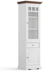 Bílý nábytek Vitrína Belluno Elegante, úzká, dekor bílá | ořech, masiv, borovice - PRAVÁ