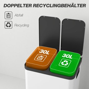 Dvoukomorový odpadkový koš, 2 x 30 l, odolný proti otiskům prstů, pedál, vyjímatelný vnitřní koš, šedý