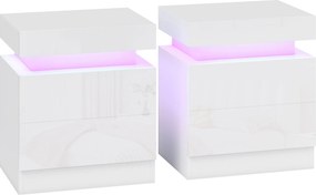 HOMCOM sada 2 LED nočních stolků s 16 barvami a 4 režimy, se 2 šuplíky, z dřeva, 45x35x52 cm, vysokolesklá bílá