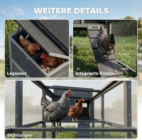 PawHut dřevěný kurník s výběhem pro 3–4 nosnice, 264 x 82 x 89 cm — asfaltová střecha, potah z Oxford tkaniny, hnízdní box, bidýlka, výsuvný podnos —…