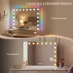 HOMCOM Hollywood make-up zrcadlo s 18 stmívatelnými LED lampami, 3 barvy, RGB světlo, Bluetooth reproduktor, 10x zvětšení, bílé