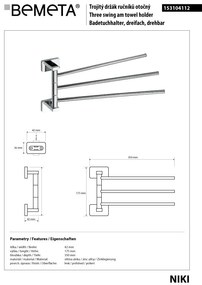 Bemeta Design NIKI: Držák ručníků trojitý otočný, 350 mm -