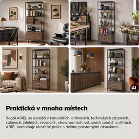 Regál se zásuvkami do kanceláře, na šanony a dokumenty, otevřené police, kovový, antracitový/ořech, 800x2200x400 mm: ARIEL Eco Design