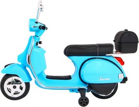 Ramiz Elektrický skútr Vespa pro děti modrý + pomocná kolečka + audio + ekokůže + EVA + plynulý start
