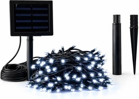 LED venkovní solární světýlka na zahradu, 20 m, ledově bílá, 200 diod, černý kabel, IP44, solární panel