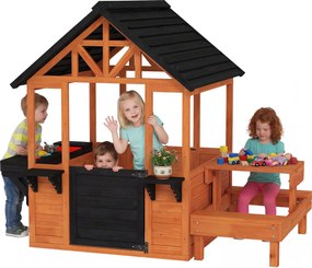 AIYAPLAY dřevěný zahradní domeček pro děti — stůl, lavičky, dřez, dveře, okno a truhlíky, hnědý, 166,3 × 112,5 × 139,7 cm | Aosom