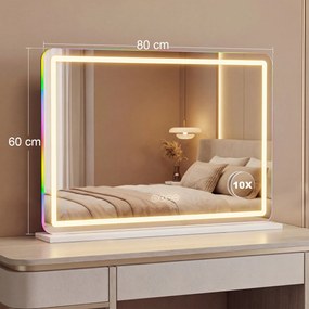 HOMCOM osvětlené make-up zrcadlo 80x60 cm, stmívatelné LED toaletní zrcadlo, RGB světlo, 3 barevné teploty, bílé
