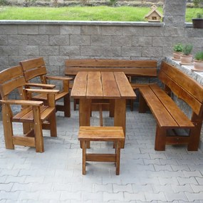 KULHÁNEK Zahradní dubová sestava - stůl, 2x křeslo, 1x stolička, 1x rohová lavice (rustikální provedení) Odstín nátěru: lazura - palisandr