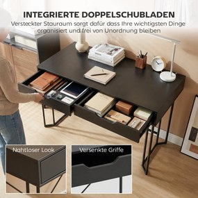 HOMCOM psací stůl s 2 zásuvkami, moderní design s kovovým rámem pro domácí kancelář a ložnici — 120 x 60 x 77 cm, černý