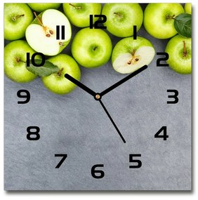 Wallmuralia Skleněné hodiny čtverec Zelená jablka 30x30 cm