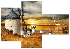 Gario Obraz s hodinami Větrné mlýny ve Španělsku - 3 dílný Rozměry: 100 x 70 cm