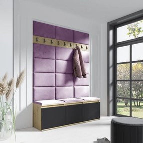 Eka Předsíňová stěna s čalouněnými panely Trinity 6 - Dub Artisan s černou / Fialová 2311