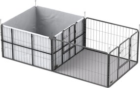 Pelíšek pro štěňata, ohrádka pro štěňata se 7 panely, 2 plochy, omyvatelná podložka pod stelivo, 203x102x60cm černá