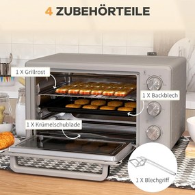 HOMCOM malá trouba 21l, 100°C-230°C, časovač na 1 hodinu, 3 režimy pečení, drátěný rošt, plech, nerez, 46L x 38.5W x 29H cm, stříbrná| Aosom