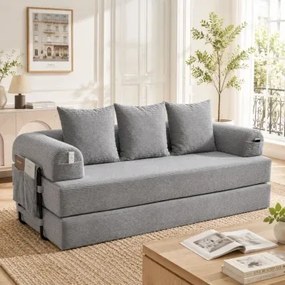 Aosom Skládací kompresní pohovka s pevným kovovým rámem, boční kapsy plus 3 polštáře, 200D x 94Š x 67V cm, světle šedá