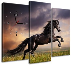 Gario Obraz s hodinami Silný černý kůň - 3 dílný Rozměry: 90 x 70 cm