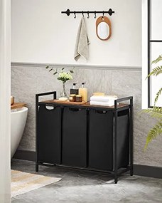 Koš na prádlo s policí BERGEN, 3x38l, černá/hnědá SongmicsHome