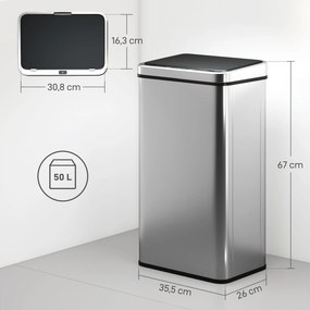 HOMCOM Senzorový odpadkový koš 50 l nerezová ocel Automatický odpadkový koš s víkem s měkkým zavíráním Senzor pohybu 35,5 x 26 x 67 cm Stříbrná barva