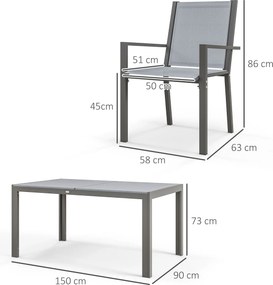 Outsunny Sada zahradního nábytku pro 6 osob, venkovní lounge set, ocelové rámy, stohovatelné židle, vysoké opěrky hlavy, šedá