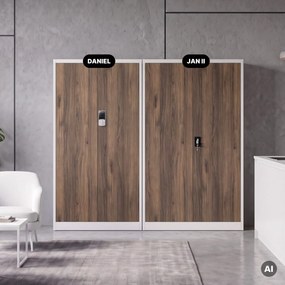Kovová kancelářská skříň se zámkem na kód bílá, ořech, 900x1850x400 mm: DANIEL Eco Design