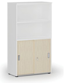 Kombinovaná kancelářská skříň PRIMO WHITE, zasouvací dveře na 2 patra, 800 x 420 x 1434 mm, bílá/bříza