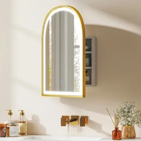 HOMCOM nástěnná koupelnová skříňka se zrcadlem a LED osvětlením, zakřivené dveře, proti zamlžení, 50x14,5x70 cm, zlatá