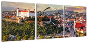 Obraz - Panorama Bratislavy, Slovensko (s hodinami) (90x30 cm)