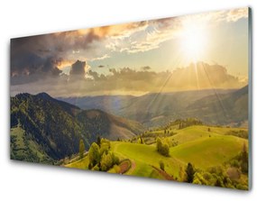 Obraz na skle Hory Louka Západ Slunce 120x60 cm