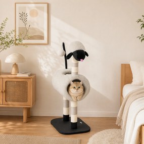 PawHut Kočičí strom v designu ovce, se škrábacím sloupkem, tunelem a hračkou, 98 cm, světle šedá