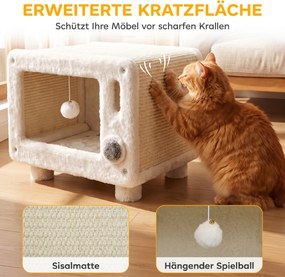 PawHut Kočičí dům ve stylu TV, kočičí jeskyně s houpací sítí a hracím míčkem, škrábací rohož z lnu, pro kočky do 7 kg, 50 x 33 x 42 cm