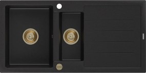 Mexen Andres, granitový dřez 1000x500x200 mm, 1,5-komorový, černá se zlatým sifonem, 6515101510-77-G