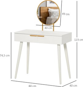 HOMCOM Toaletní stolek s kulatým zrcadlem, líčící stolek se 2 zásuvkami, moderní styl pro ložnici nebo šatnu 80x40x123 cm Bílý