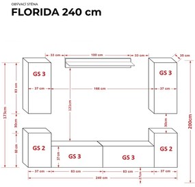 Ral Obývací stěna FLORIDA 1, 240 cm - Černý lesk