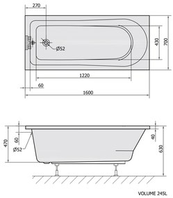Polysan LISA obdélníková vana s konstrukcí 160x70x47 cm, bílá, 86211