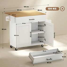 HOMCOM Kuchyňský ostrůvek, kuchyňský vozík na kolečkách, s sklápěcí pracovní deskou, zásuvkou, odkládacím prostorem, 120 x 68 x 85 cm, bílý