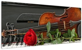Obraz housle a růže na klavíru (100x40cm)