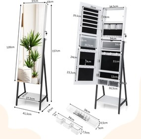 Costway Šperkovnice se zrcadlem a 3 barevným LED osvětlením – 41,5 × 37 × 157 cm
