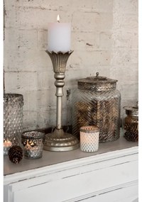 Bílý skleněný svícen na čajovou svíčku s kovovým zdobením – 6x7 cm