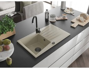 Mexen Cesar, granitový dřez 775x470x190 mm, 1-komorový, béžová s černým sifonem, 6514771010-69-B