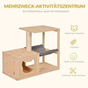 Kočičí domeček PawHut s houpací sítí a sisalovým kmenem, box pro kočky z jedlového dřeva, přírodní 70x35x60cm pro milovníky koček | Aosom.de