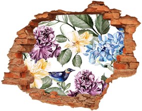 Wallmuralia Nálepka 3D díra na zeď Květiny a ptáci 90x70 cm