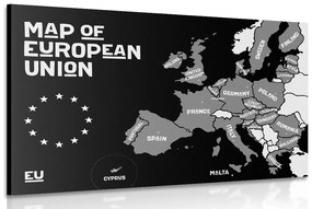 Obraz naučná mapa s názvy zemí evropské unie v černobílém provedení