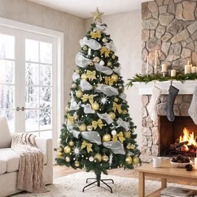 HOMCOM vánoční strom 230 cm s 250 LED, 1136 větví, 8 režimů, koule, stuhy a mašle, dálkové ovládání a skládací základna, zelená