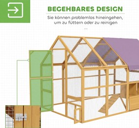 Dřevěný kurník s volným výběhem, bezpečnostní zámek, dvířka, 4 hnízdní boxy, pro 8-12 kuřat, cca 2,8 x 1,8 x 1,9 m, žlutý