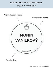Samolepka na láhev MONIN VANILKOVÝ průměr 5 cm – průhledná vinylová, voděodolná, omyvatelná samolepka na dózy, tučné písmo