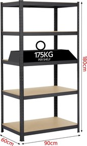 Zátěžový regál Yaheetech – Mod.9: 180 × 90 × 60 cm/875 kg černá (264515749188)