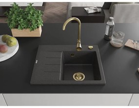 Mexen Ben, 1-komorový granitový dřez 600x500x190 mm, pravý + zlatý sifon, černá skvrnitá, 6523605000-76-G