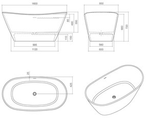 Oválná vana z litého mramoru STONE AMORE Z 1600 × 850 STONE AMORE 127 kg 260 l 9930000