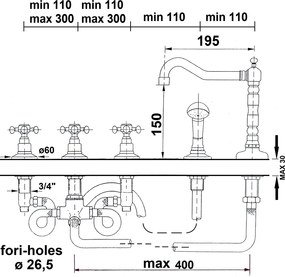 Reitano Rubinetteria ANTEA pětiprvková baterie na okraj vany s retro hubicí, chrom 3881