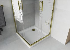 Mexen Rio, čtvercový sprchový kout s posuvnými dveřmi 70 (dveře) x 70 (dveře) x 190 cm, 5mm čiré sklo s pásky, zlatý profil + bílá sprchová vanička SLIM, 860-070-070-50-20-4010G